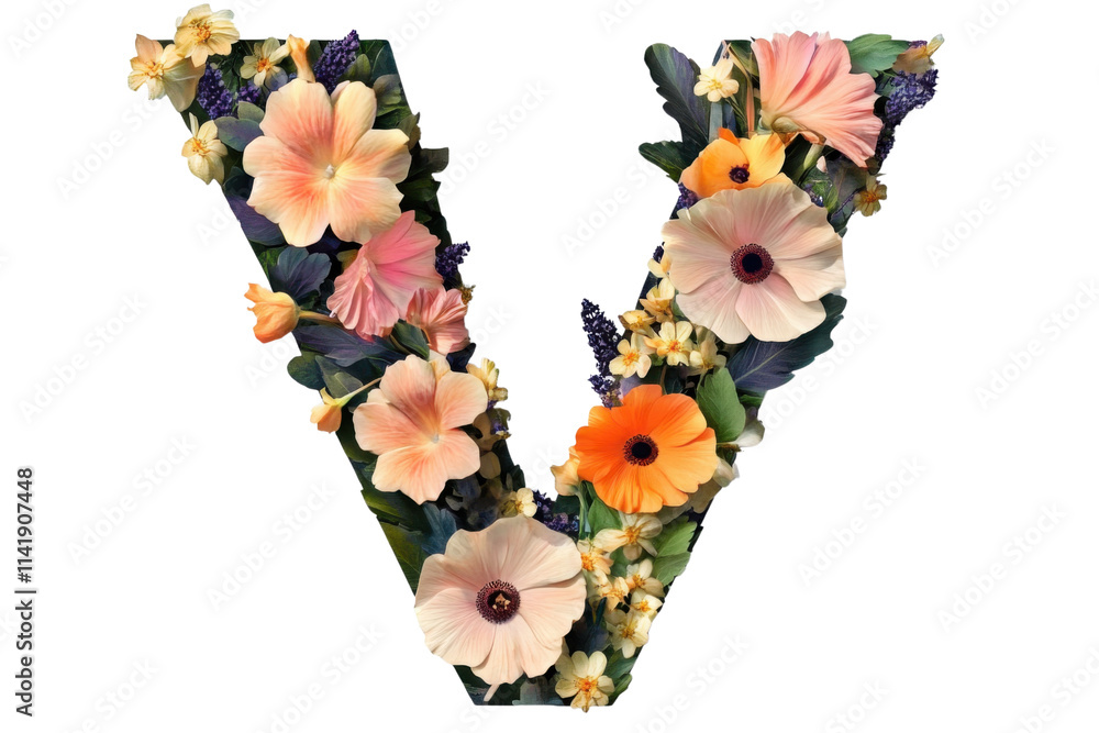 Letter v floral design with 3d flower elements on PNG transparent ...