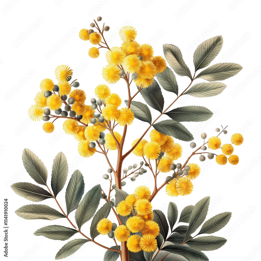 Botanical Illustration Golden Wattle, Acacia Pycnantha, Australian ...