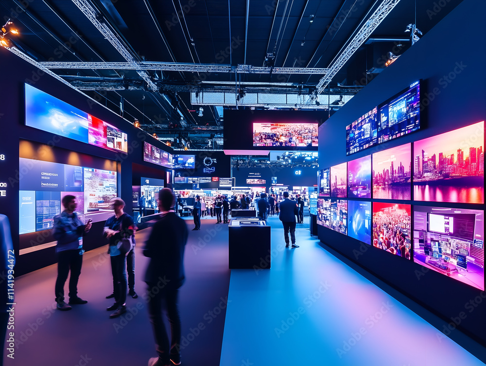 Visitors walking through a technology exhibition showcasing large ...