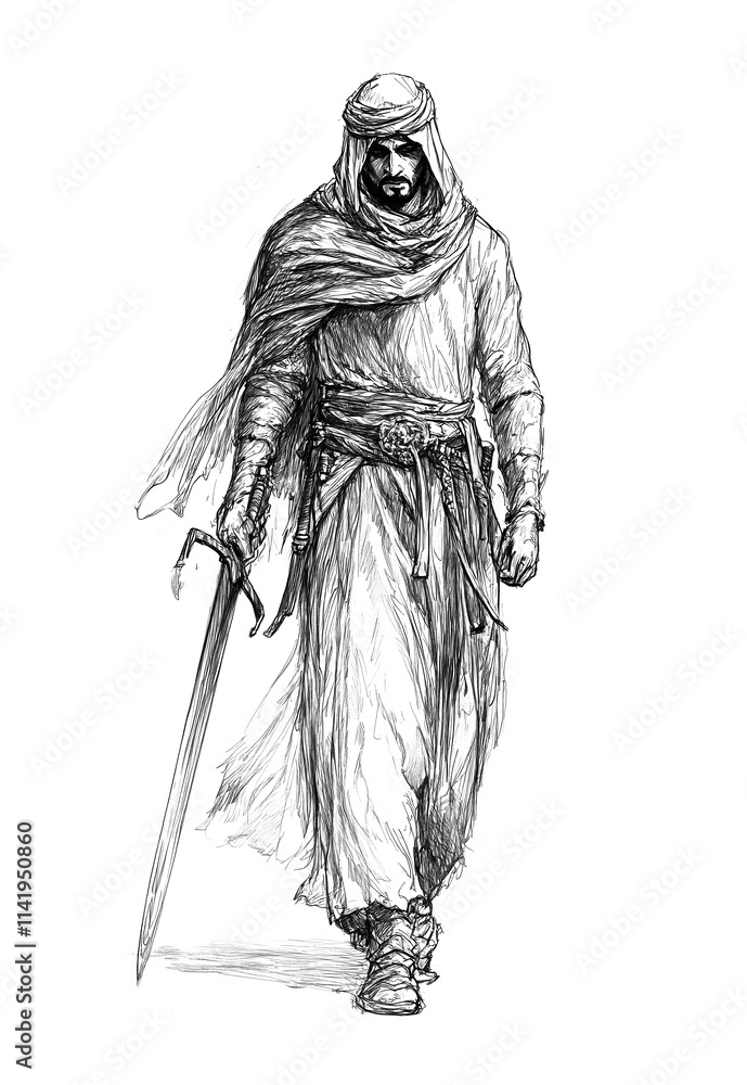 Mysterious medieval Arab knight walking. Full length view. With ...