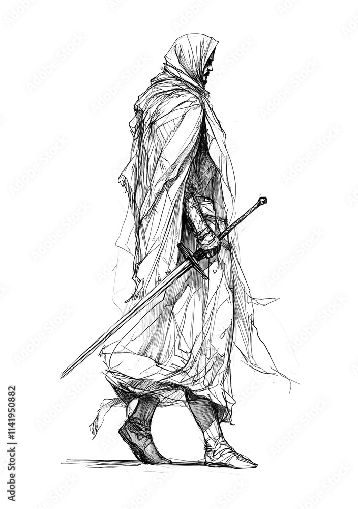 Mysterious medieval Arab knight walking. Full length view. With ...