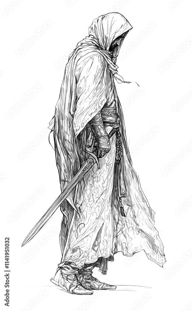 Mysterious medieval Arab knight walking. Full length view. With ...