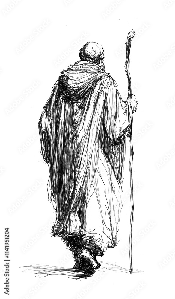 Old prophet walking with his staff and wearing long robe cloak. Long ...