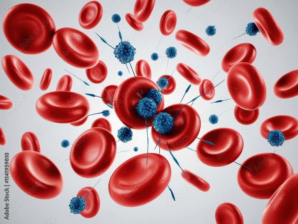 Red blood cells and immune cells interacting in a colorful, scientific illustration. Stock ...