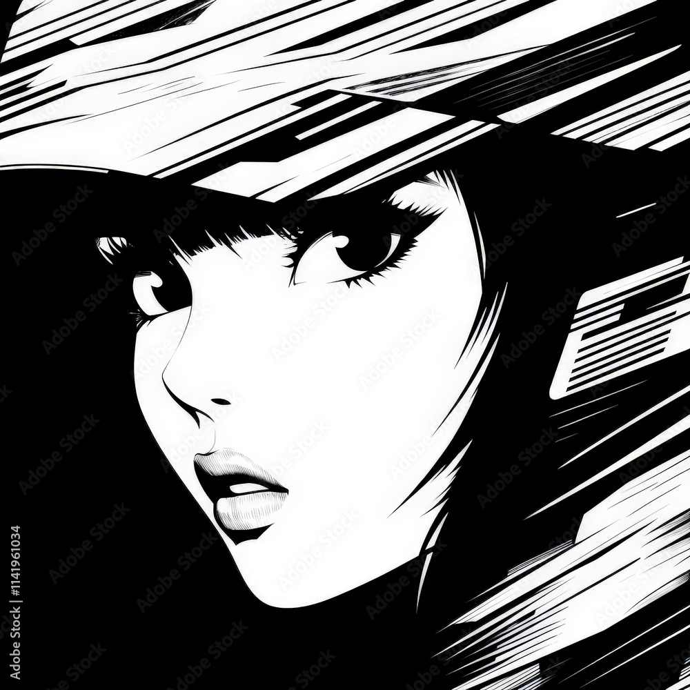 High contrast black and white stylized illustration of a woman’s face ...