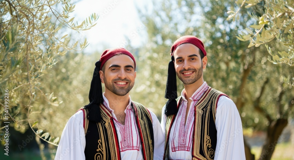 Traditional greek attire: two young men celebrating culture in olive ...