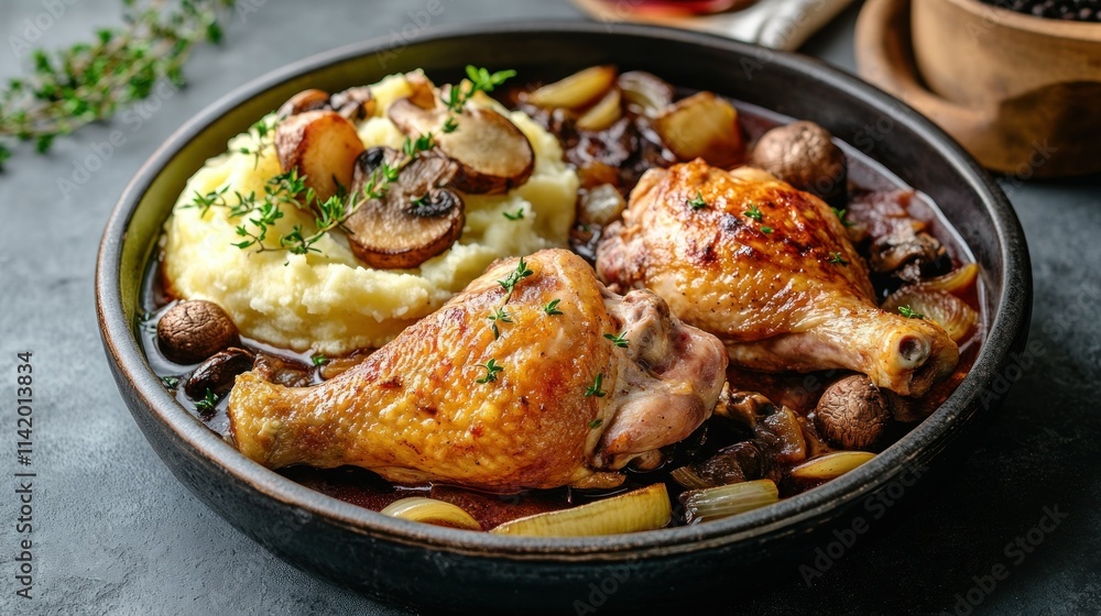 A traditional coq au vin with chicken legs braised in red wine Stock ...