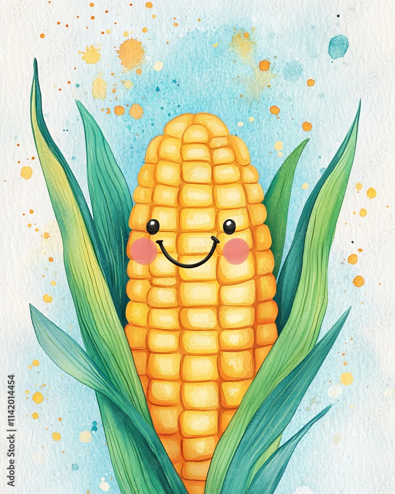 A cheerful corn cob with a smiling face, surrounded by green leaves and ...