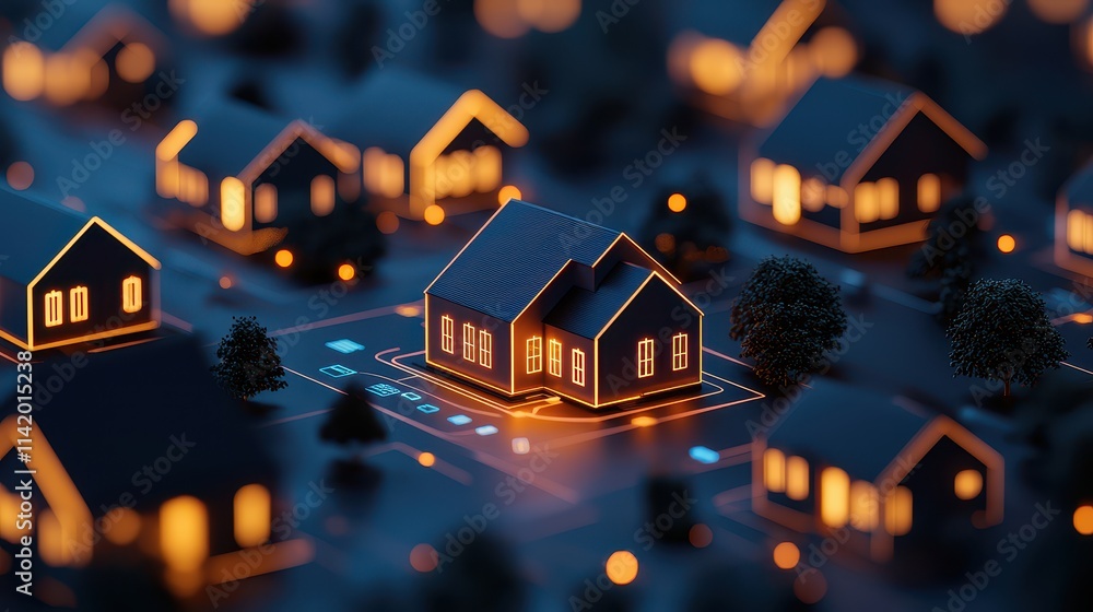 3D Rendering of a Glowing Real Estate Map Featuring Modern Homes and ...