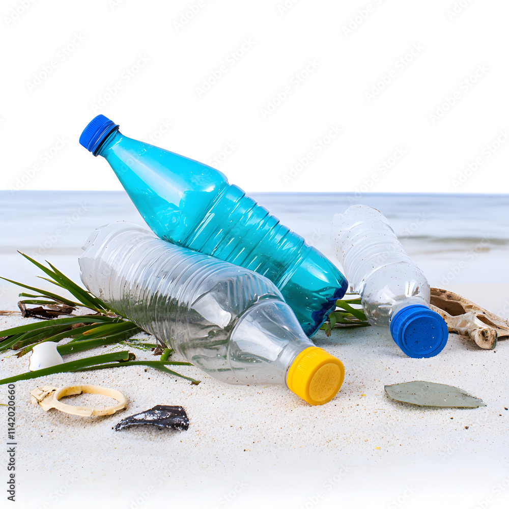 Plastics discarded on a serene beach highlighting the environmental ...
