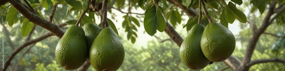 Avocados growing on the branches of an old avocado tree with some of ...