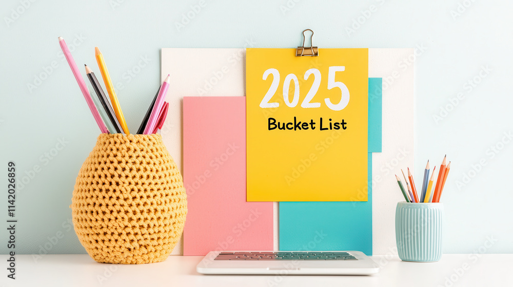 2025 Bucket List concept. Colorful vision board with 2025 bucket list ...