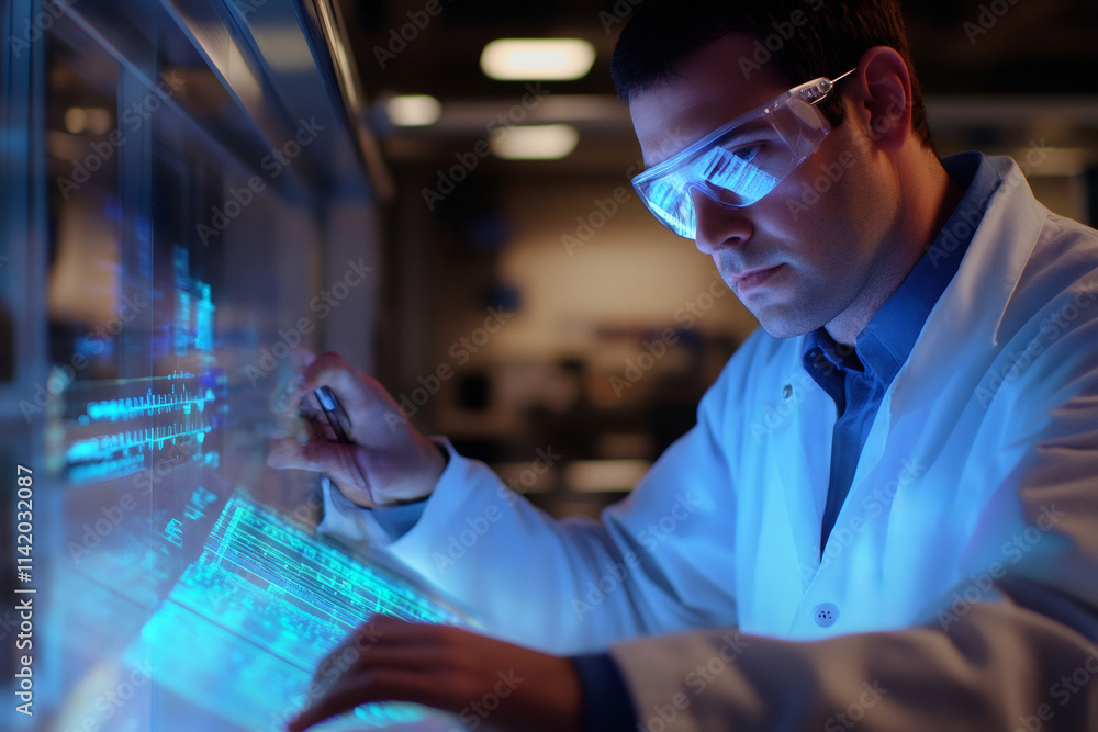 Scientist wearing safety glasses analyzing data on a futuristic ...