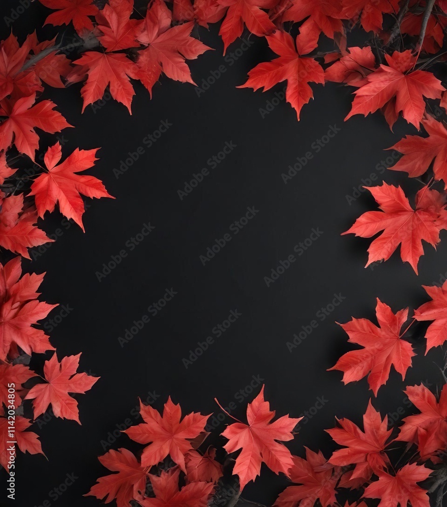 Black background with red maple leaves and a few scattered twigs, fall ...