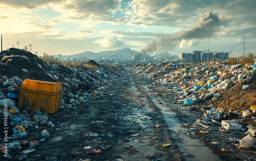 Trash dump landscape, overflowing garbage piles, plastic waste ...