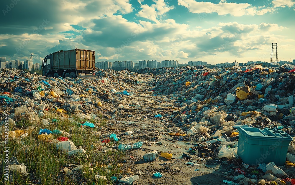 Trash dump landscape, overflowing garbage piles, plastic waste ...