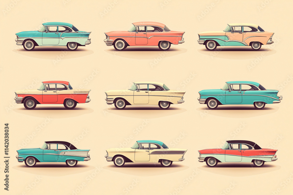 Nine colorful vintage American cars from the 1950s are lined up and ...