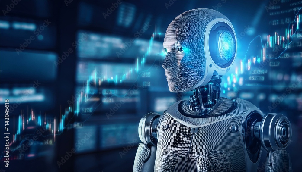 Foto de Stock AI in the Dataverse: A humanoid robot with glowing blue eyes analyzes data charts ...