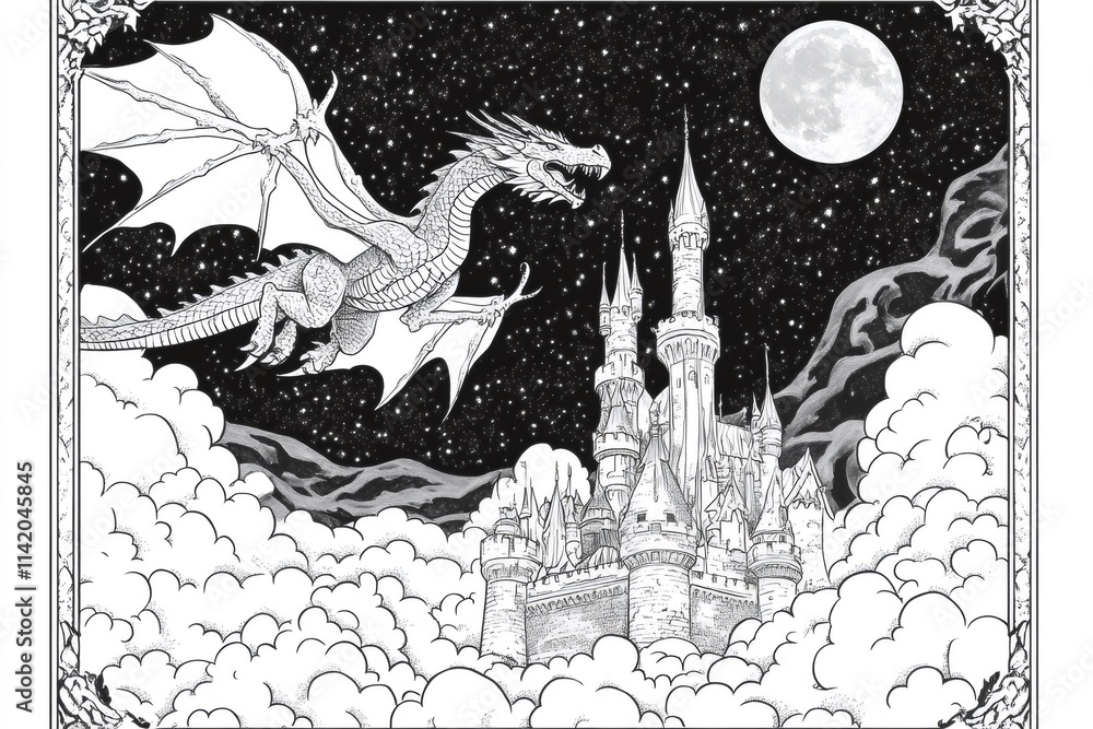 Intricate coloring page featuring a majestic dragon soaring through the ...