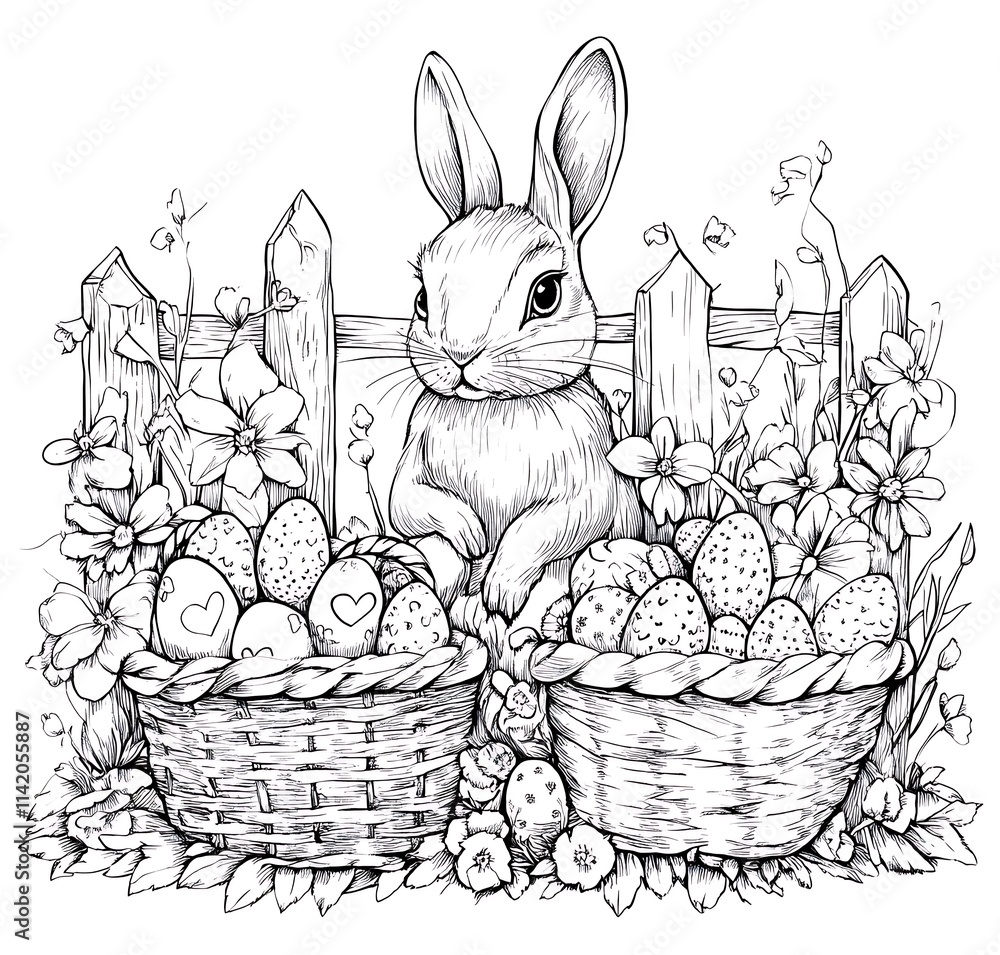 Easter Bunny running with Easter eggs in the garden, coloring page for ...