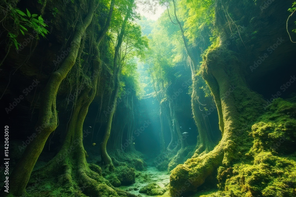 A unique perspective of an underwater rainforest, where lush green ...