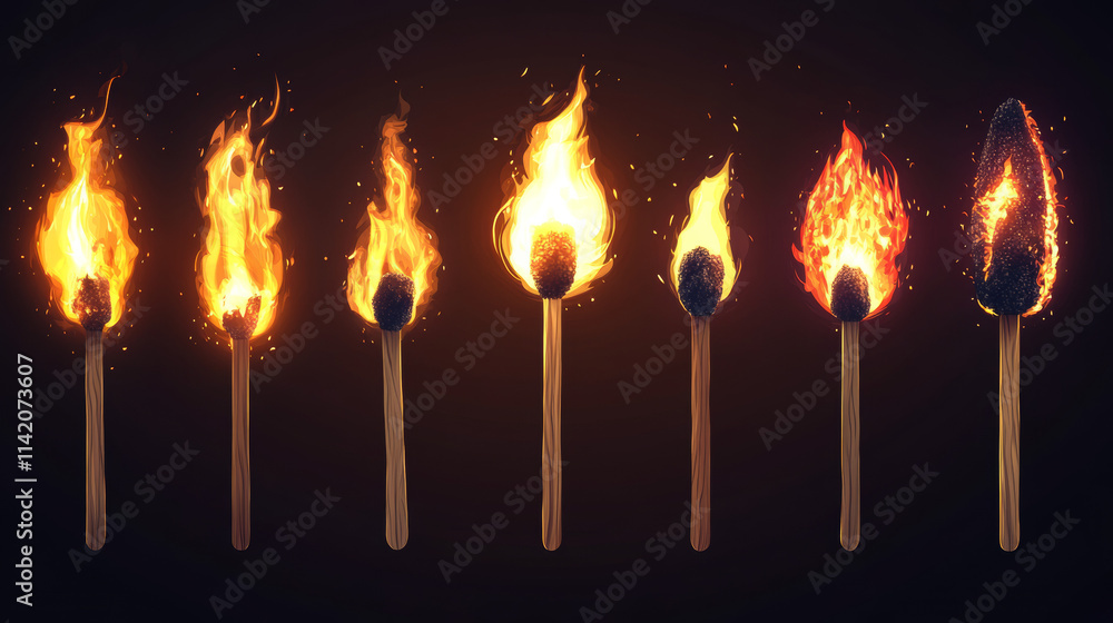 Stages of match burning from fire to burnt wooden stick, matchsticks ...
