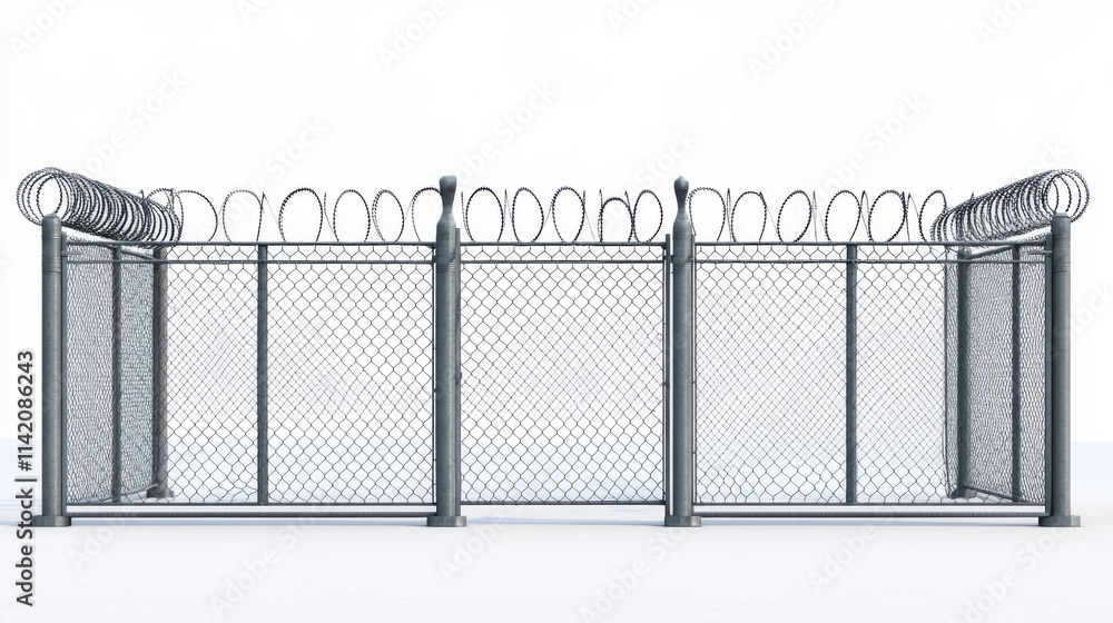 Ilustración de Stock Fence with barbed wire, metal grid with gate ...