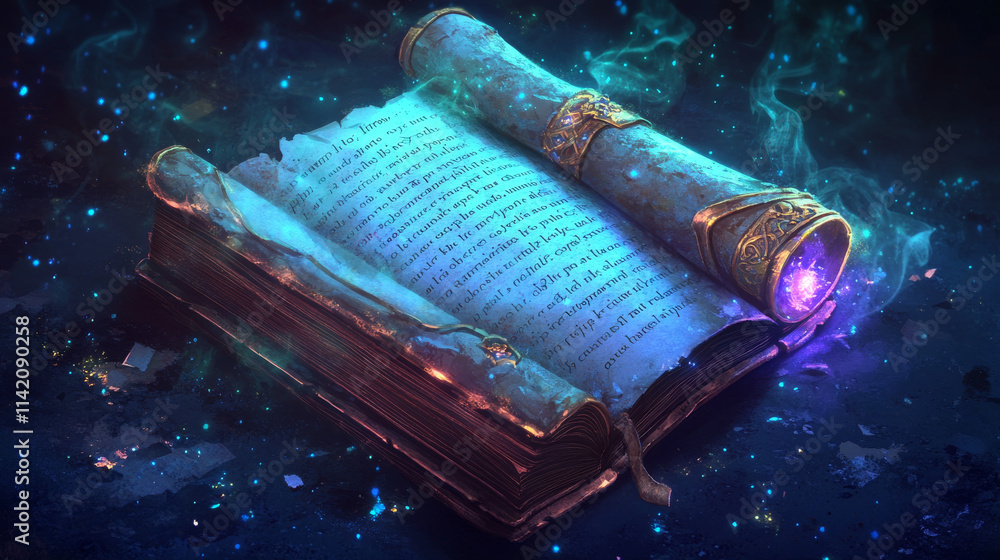 Stock-Illustration „Old parchment scroll and magic book ui glow cartoon ...