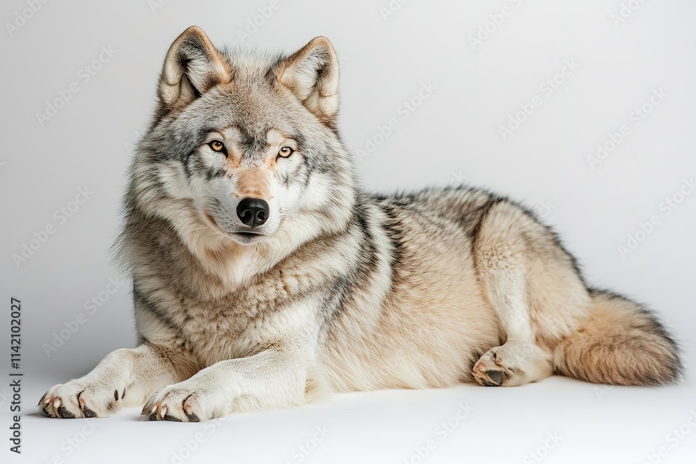 Alert gray wolf lying down, piercing gaze, against white backdrop. Stock Photo | Adobe Stock