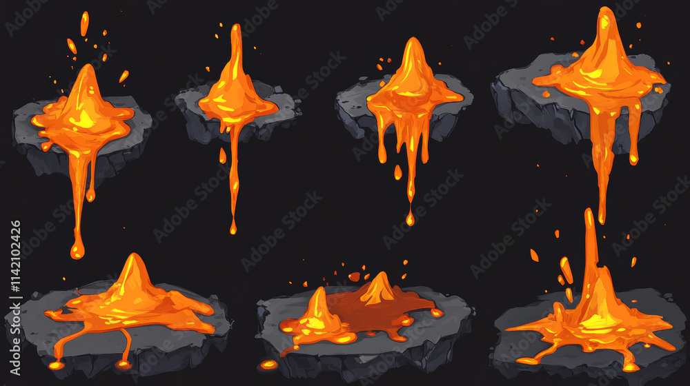 Falling liquid lava drops animation sprite sheet for 2d game. Hot molten magma drips down in ...