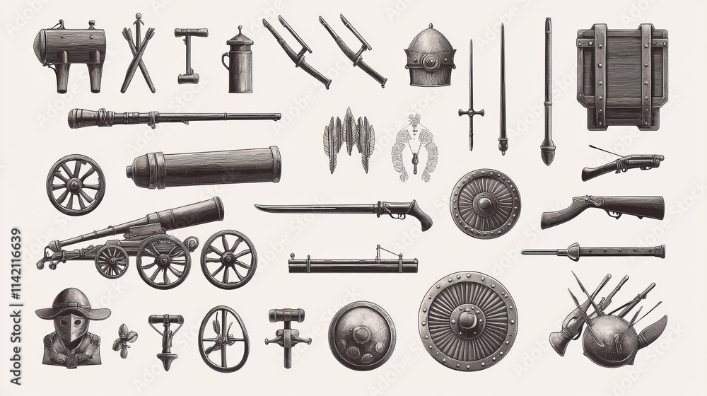 Military old game icons cartoon vector set. Isolated war weapon ...