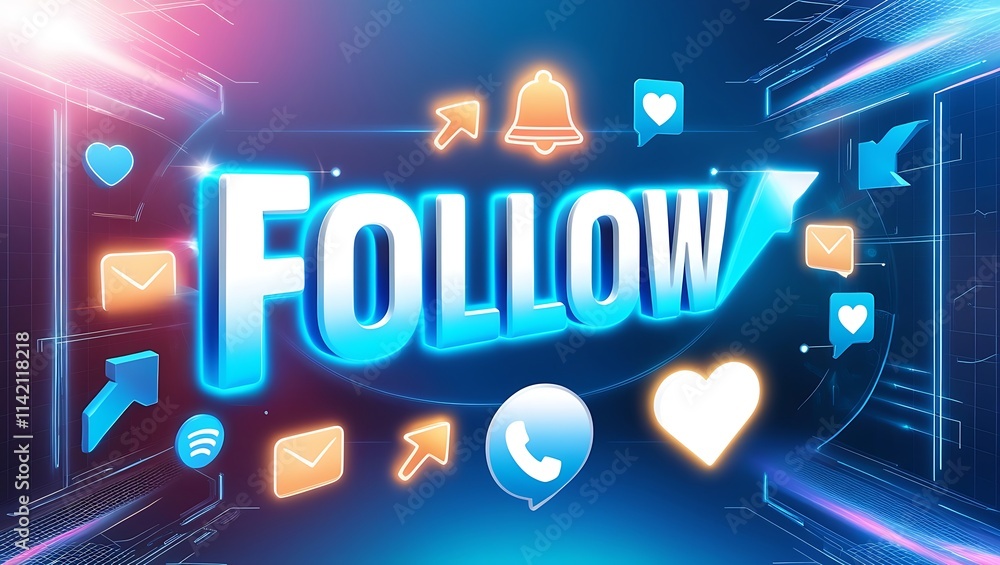 3D glowing "FOLLOW" text with upward arrow and social media icons on a ...