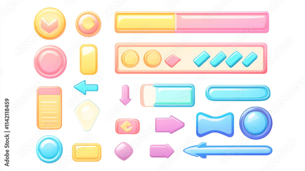 Glossy blue buttons and frames for ui game interface. Vector cartoon set of gui elements, square ...