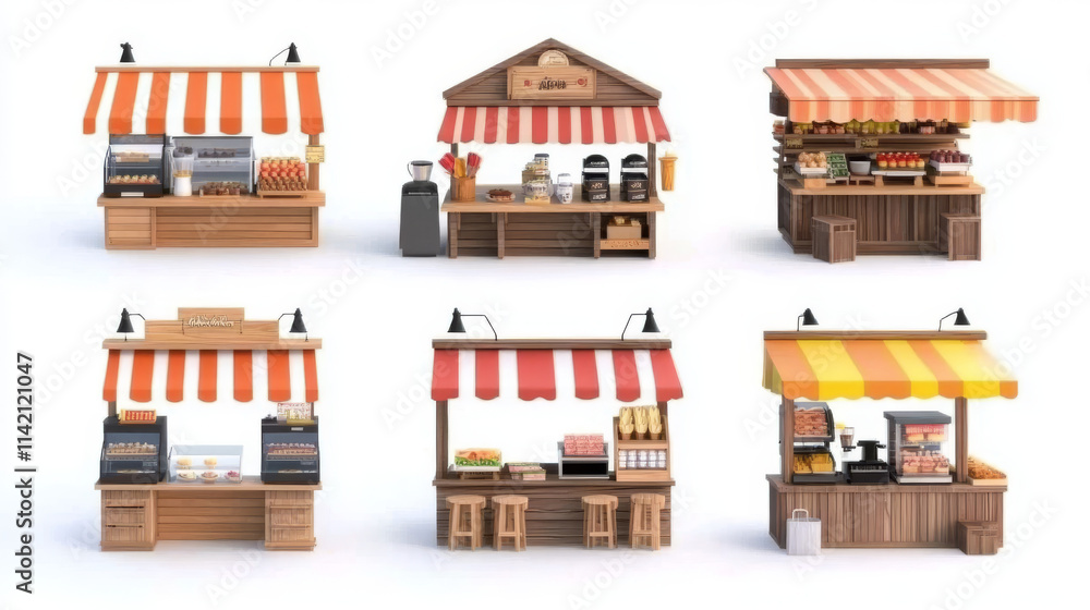 Street food, market stalls, fair booths, wooden kiosk with striped ...
