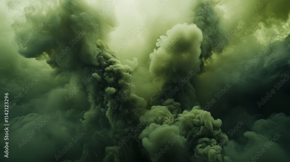 Set of green smoke clouds isolated on black background. Realistic ...