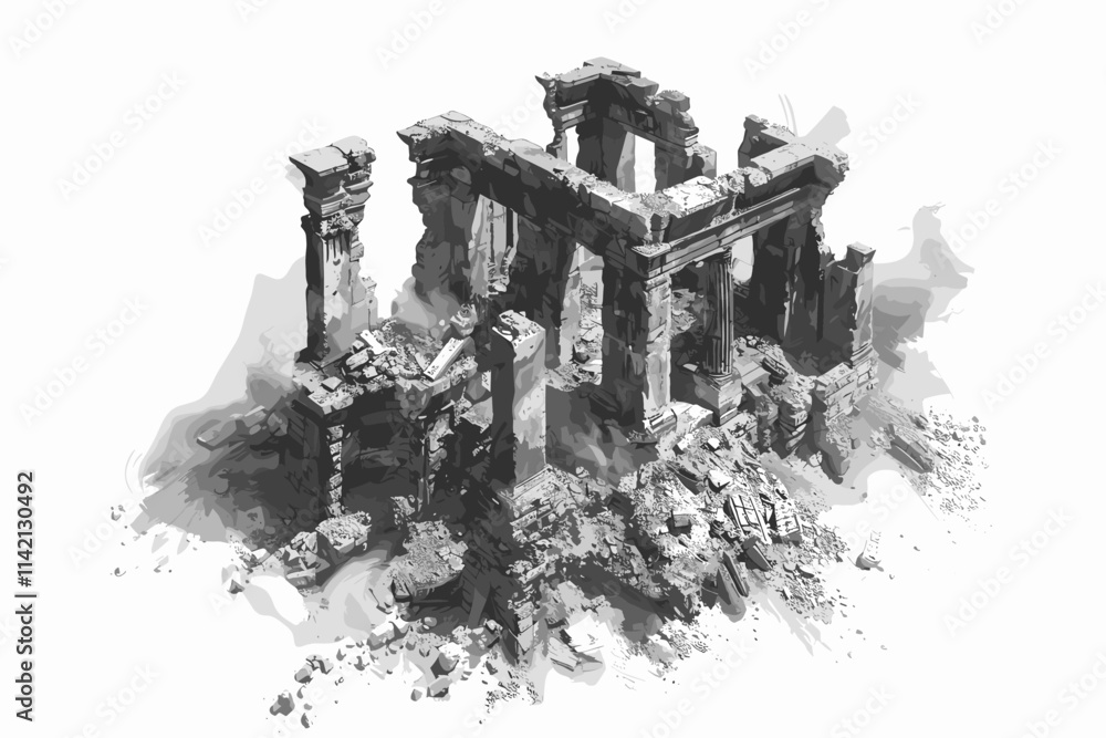 Ruined building with a lot of rubble. The building is in ruins and has ...