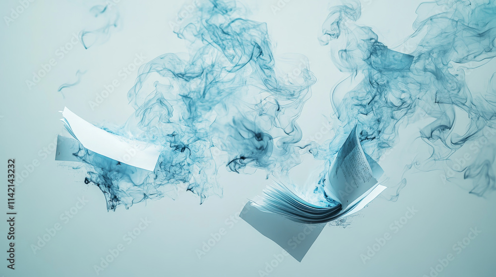 Burning white paper sheets with blue fire and black scorched edges ...