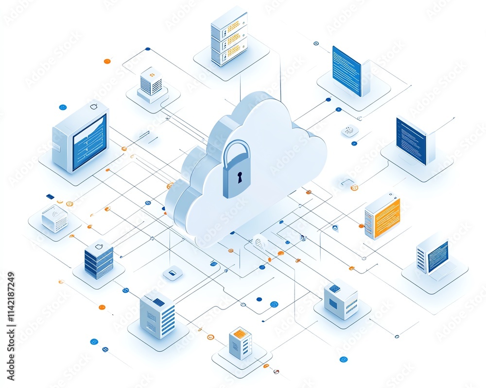 Cloud security diagram with secure connections, central lock symbol ...