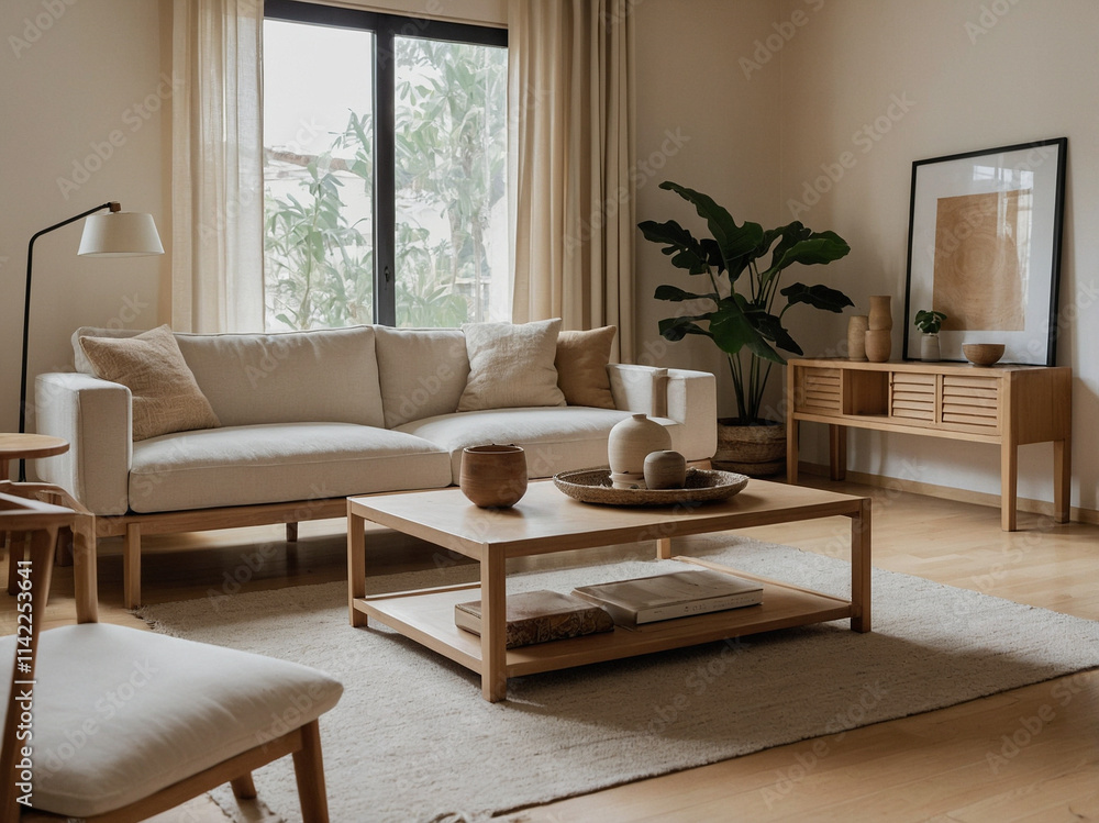 A cozy living room with neutral tones, simple furniture, and soft ...