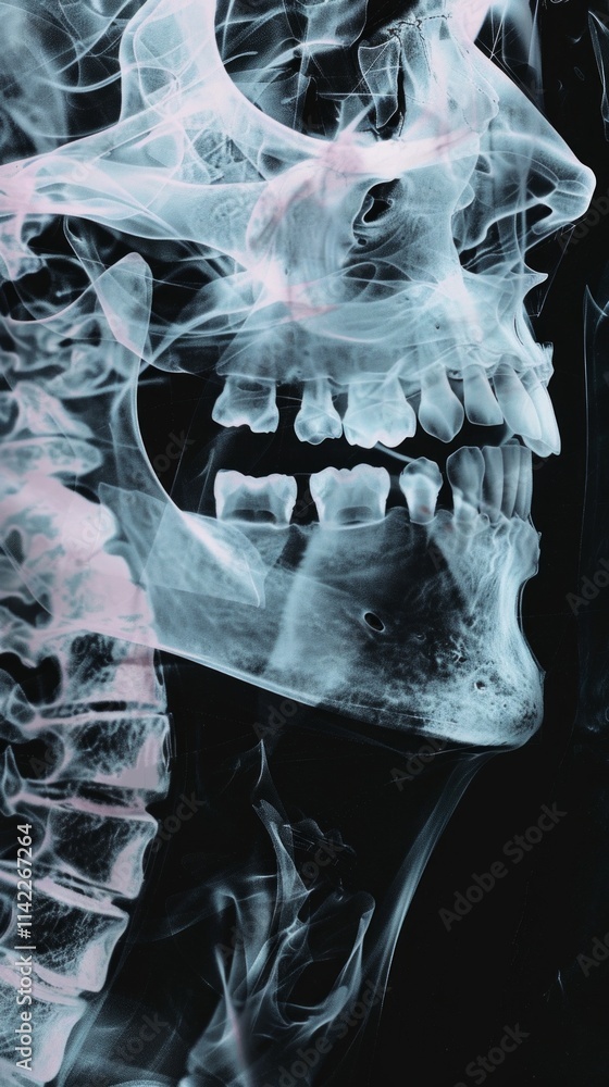 Dental X-ray of lower jaw and teeth in black and white, detailing tooth ...