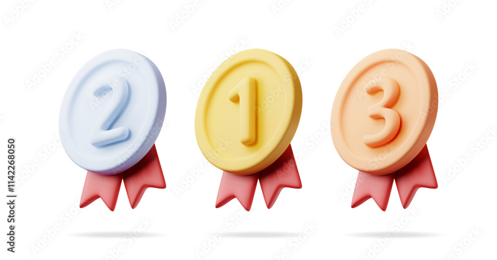 3d set of medals with red ribbons. Render gold, silver, bronze champion ...