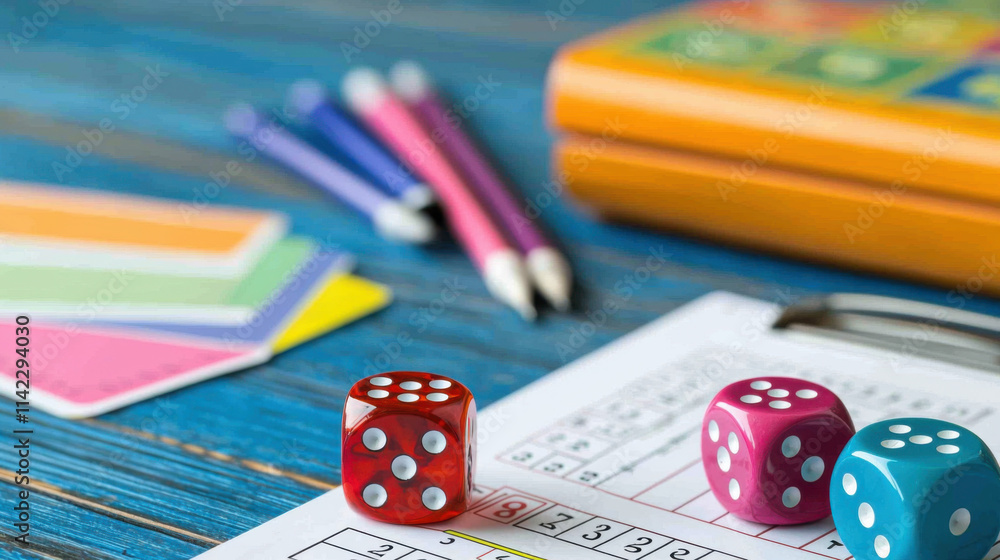 Colorful math game setup with dice, cards, and score sheet for fun ...