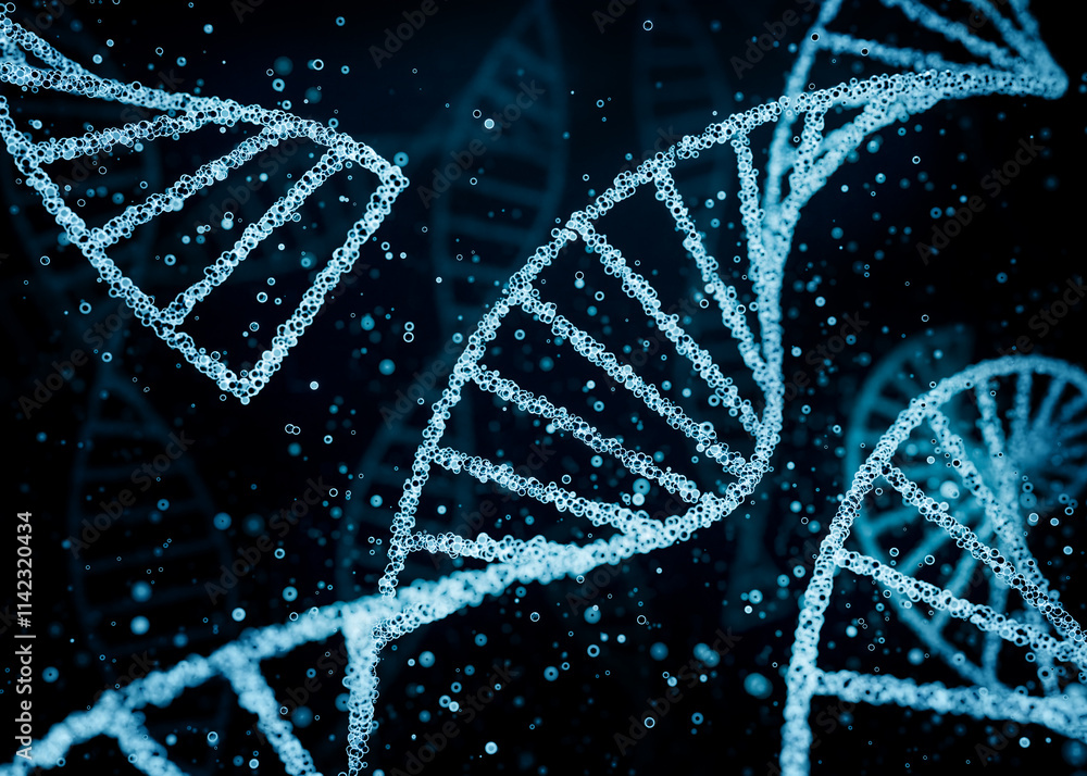 Abstract blue DNA strands in a liquid environment with suspended ...