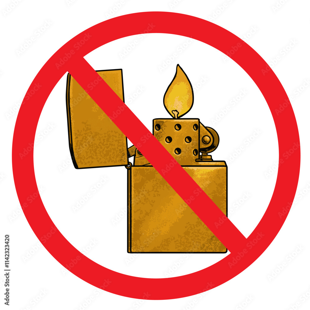 Fire is prohibited. Handmade vector drawing of a bronze lighter ...
