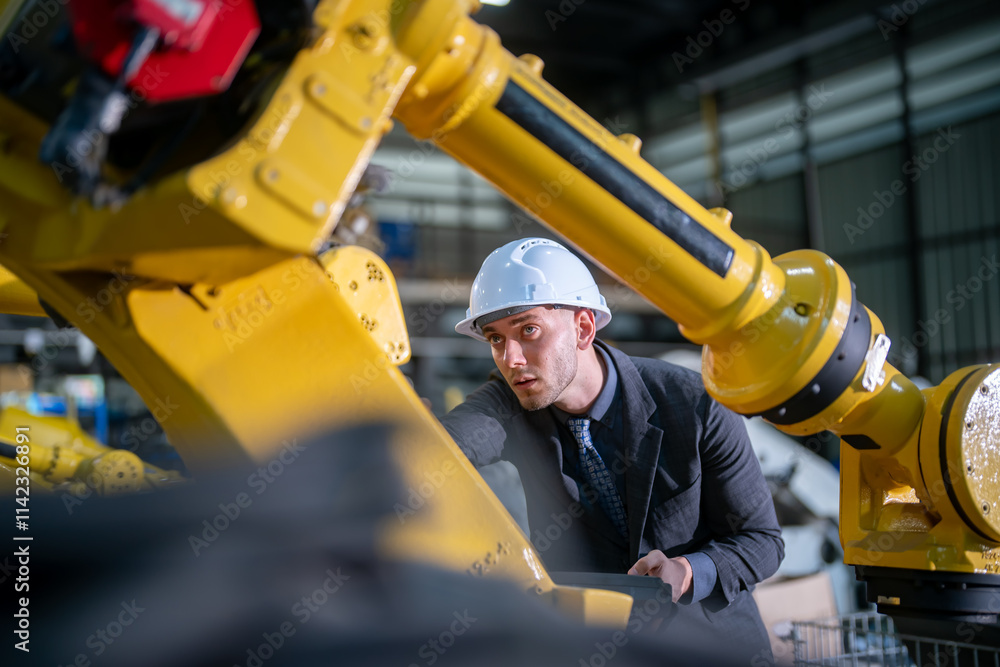 Engineer Inspecting Robotic Arm in Industrial Setting While Wearing ...