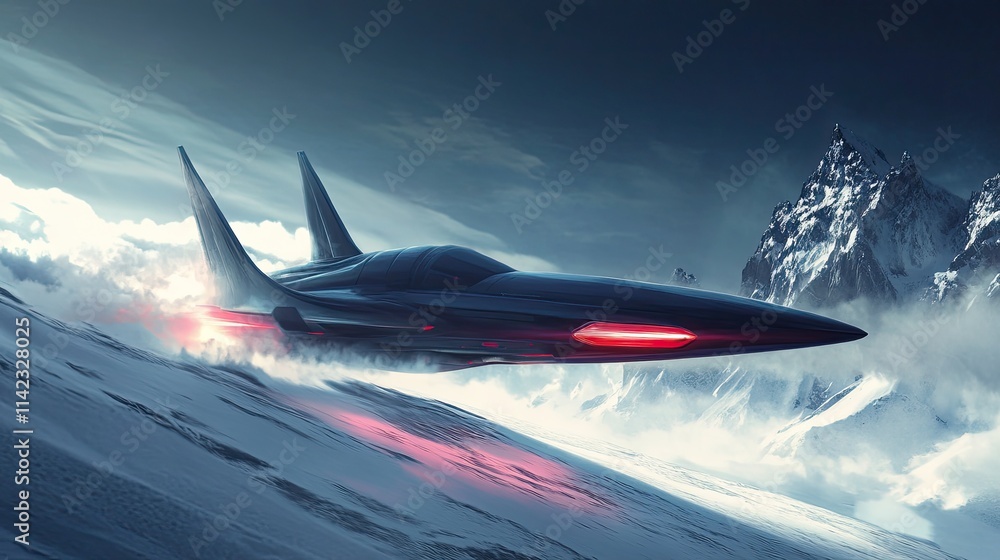 Futuristic Jet Soaring Through Snowy Mountains: A sleek, black ...