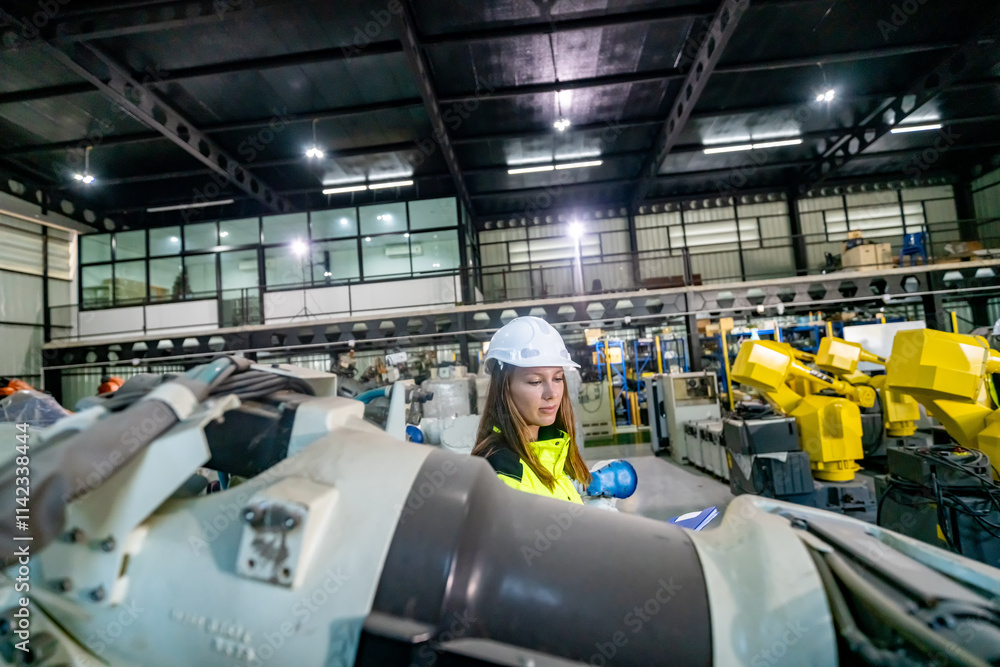 Engineer Monitors Robotic Assembly Line in Modern Manufacturing ...