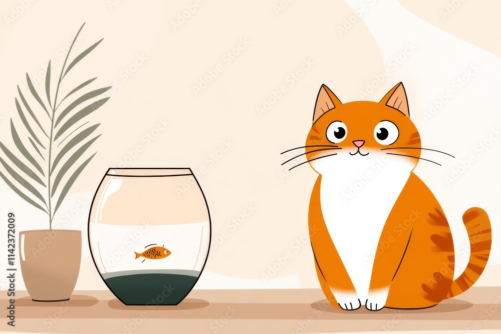 A whimsical 2D drawing of a cat staring intently at a fish bowl ...