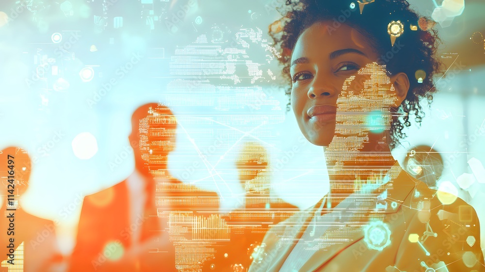 woman standing confidently, looking at the camera, with a transparent ...