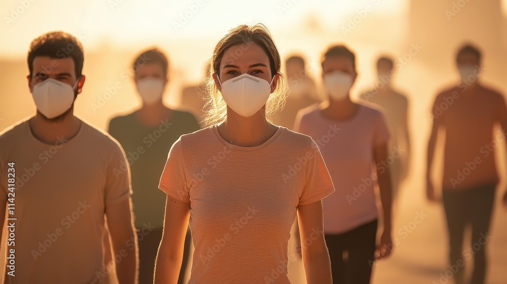 pm2.5 and dust concept. A group of people wearing masks walking towards ...